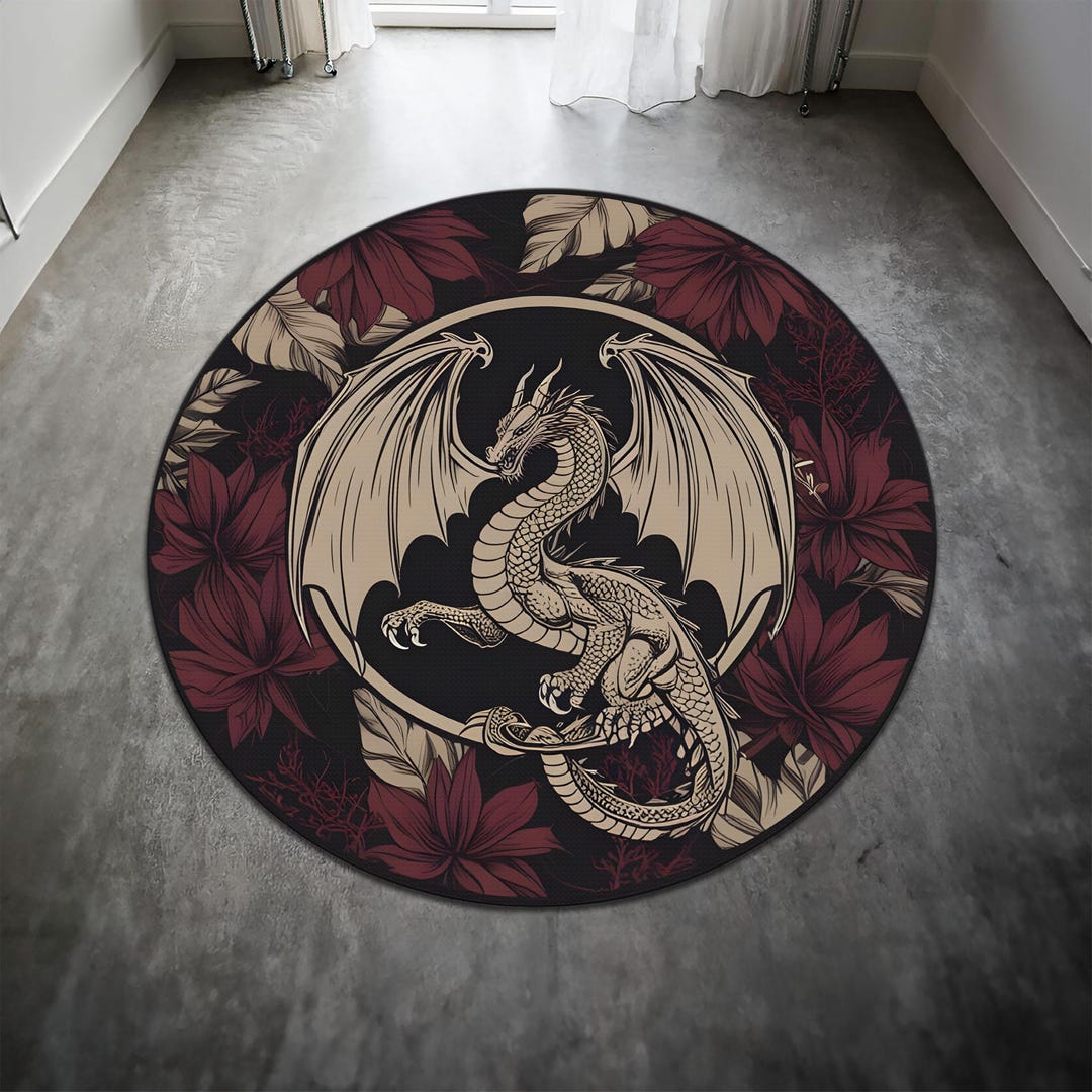 Red Beige Dragon Round Rug – Stunning Dragon Design, Circular Home Rug ...