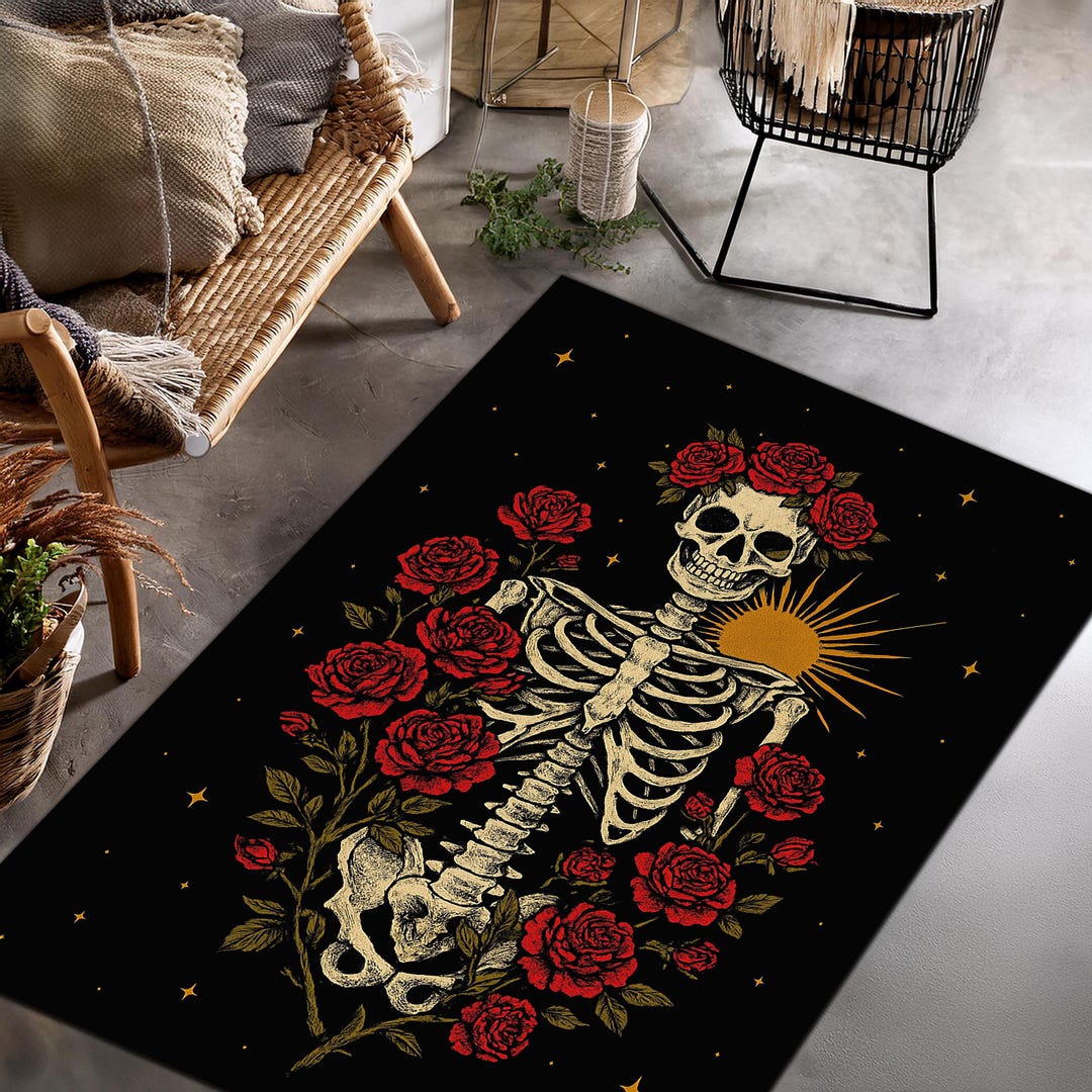 Boho Gothic Skeleton and Roses Area Rug – Black Floral Carpet for ...
