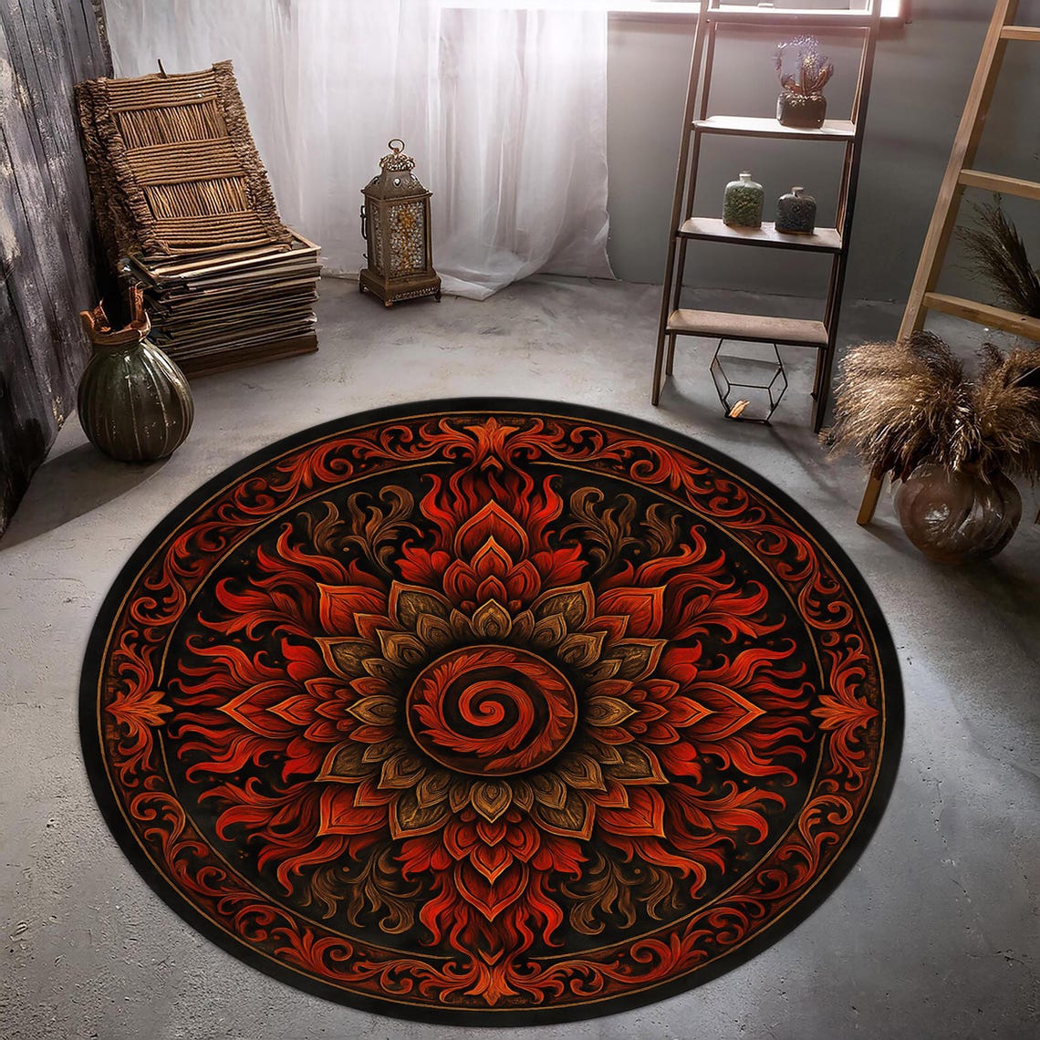 Infernal Sun Mandala Rug – Red and Gold Round Baroque Carpet With Fiery ...