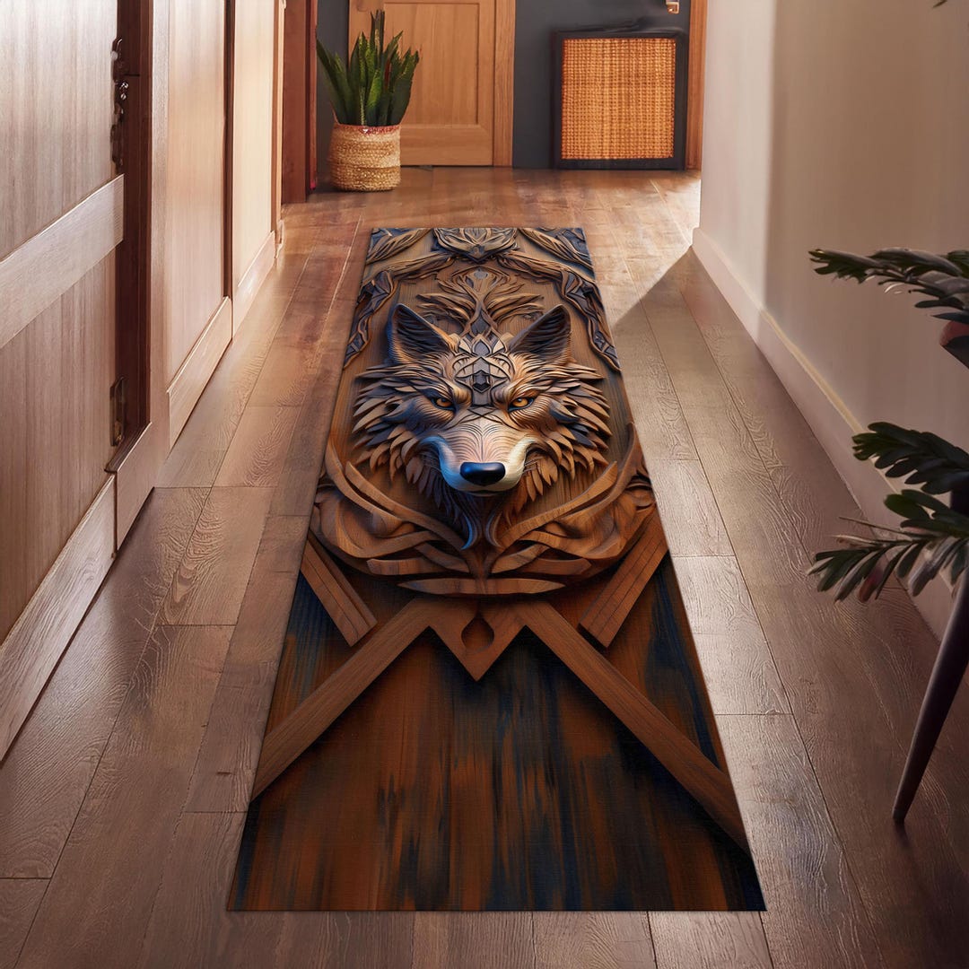 Wolf Area Runner Rug, Norse God Runner, 3D Look Wolf Long Rug, Wood ...