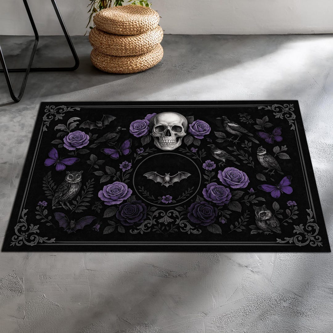 Gothic Skull Rug With Rose Floral Design – Dark Aesthetic, Occult ...