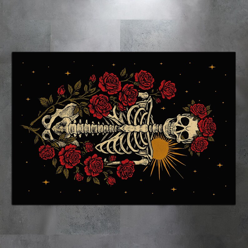 Boho Gothic Skeleton and Roses Area Rug – Black Floral Carpet for ...