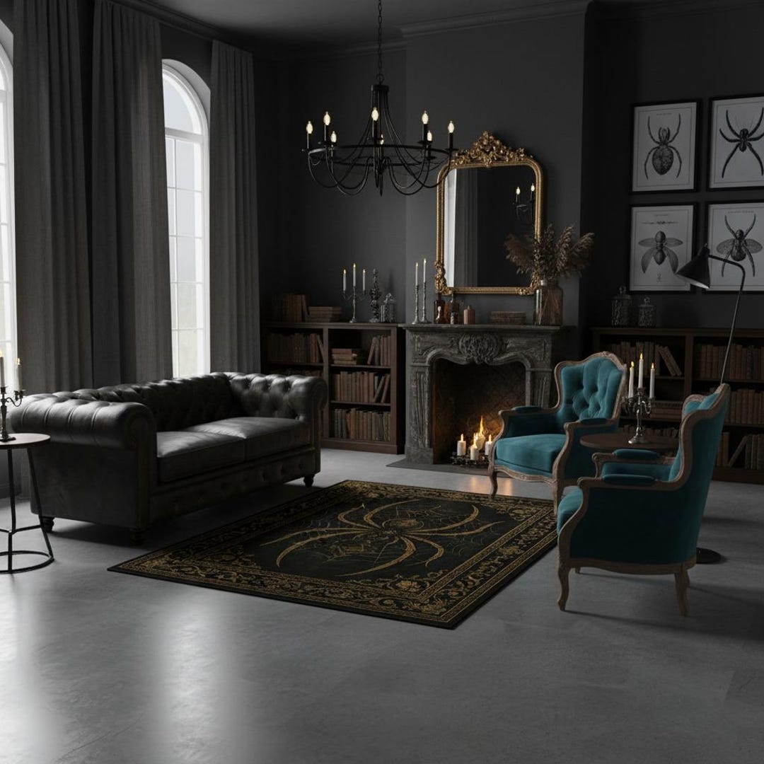 Obsidian Web Rug – Black Gothic Spider Carpet With Gold Ornate Frame ...