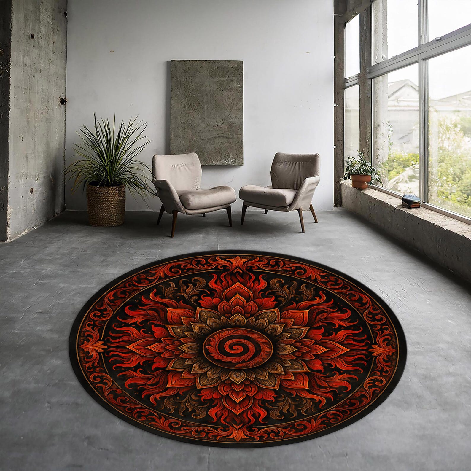 Infernal Sun Mandala Rug – Red and Gold Round Baroque Carpet With Fiery ...
