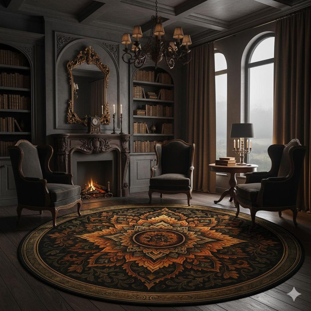 Golden Ember Lotus Rug – Round Baroque Mandala Carpet in Amber and Gold ...