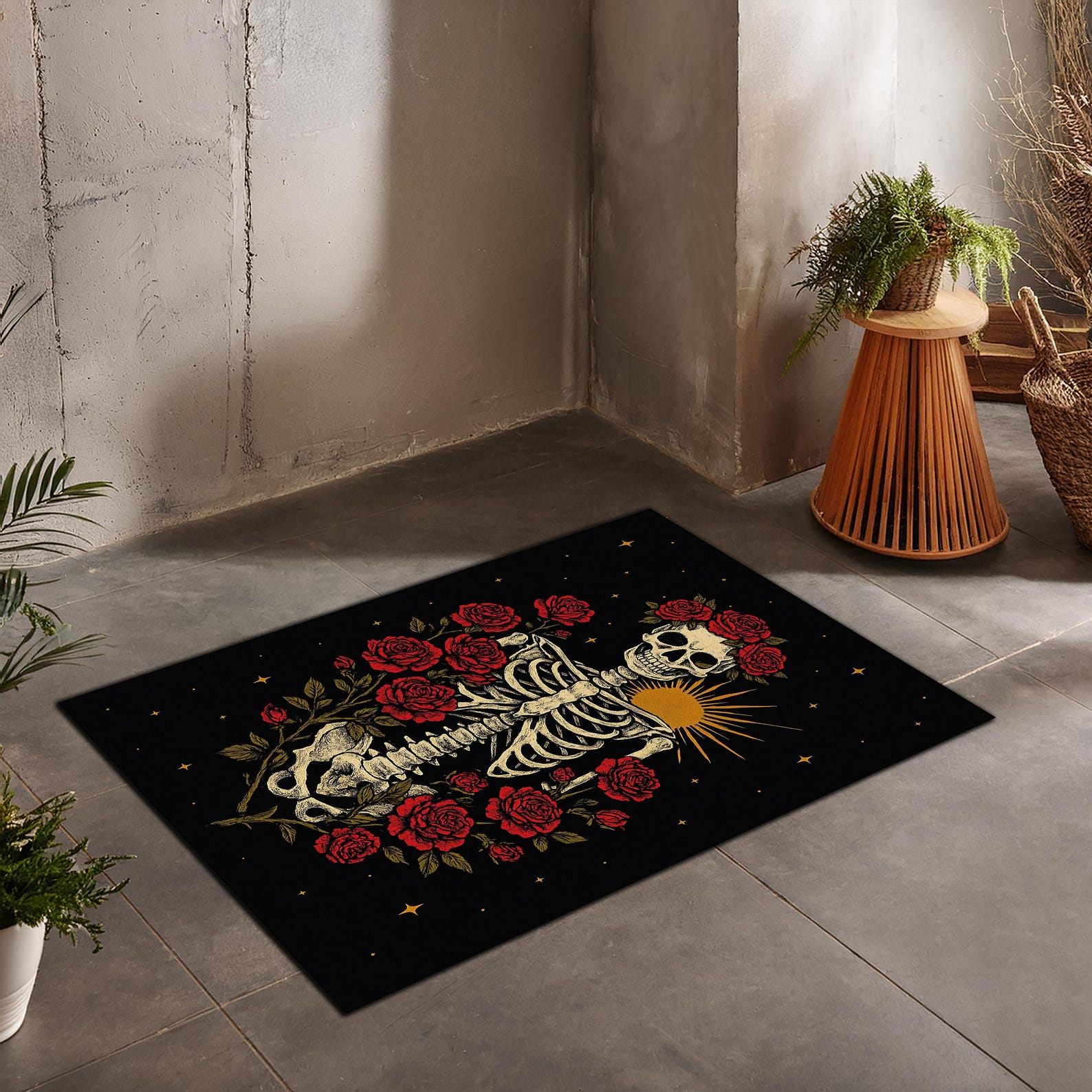 Boho Gothic Skeleton and Roses Area Rug – Black Floral Carpet for ...