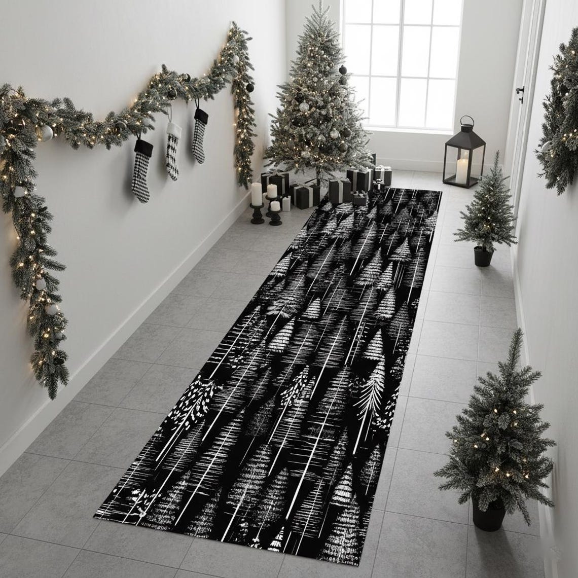 Christmas Tree Runner Rug, Hallway Rug,black Christmas Rug, Christmas ...