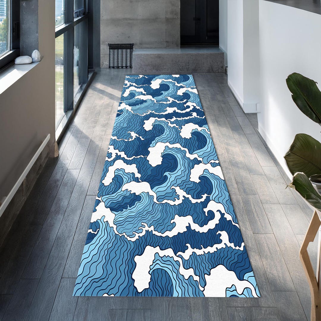 Wave Pattern Runner Rug for Hallway, Blue Design Rug, Fantastic Runner ...