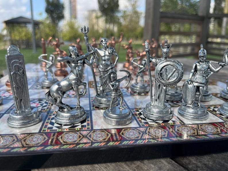 Greek Mythology Chess Set – Metal Figures on Mother-of-pearl Mosaic ...