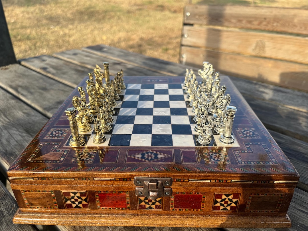 Luxury Roman Chess Set – Metal Pieces & Wooden Storage Board – Ancient ...