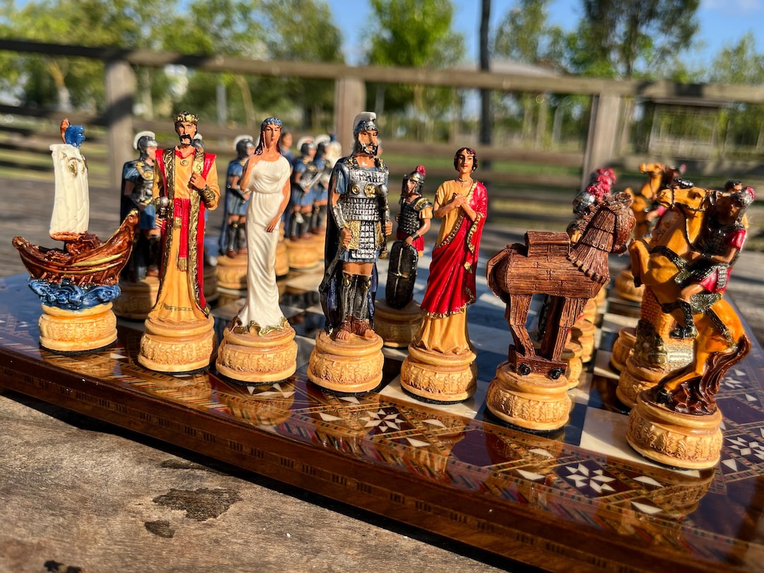 Handmade Troy Vs Spartans Chess Set – Luxury Resin Pieces & Solid Wood ...