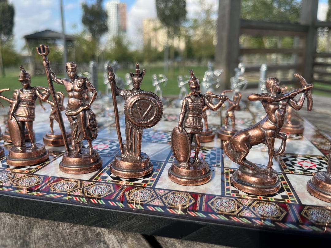 Greek Mythology Chess Set – Metal Figures on Mother-of-pearl Mosaic ...