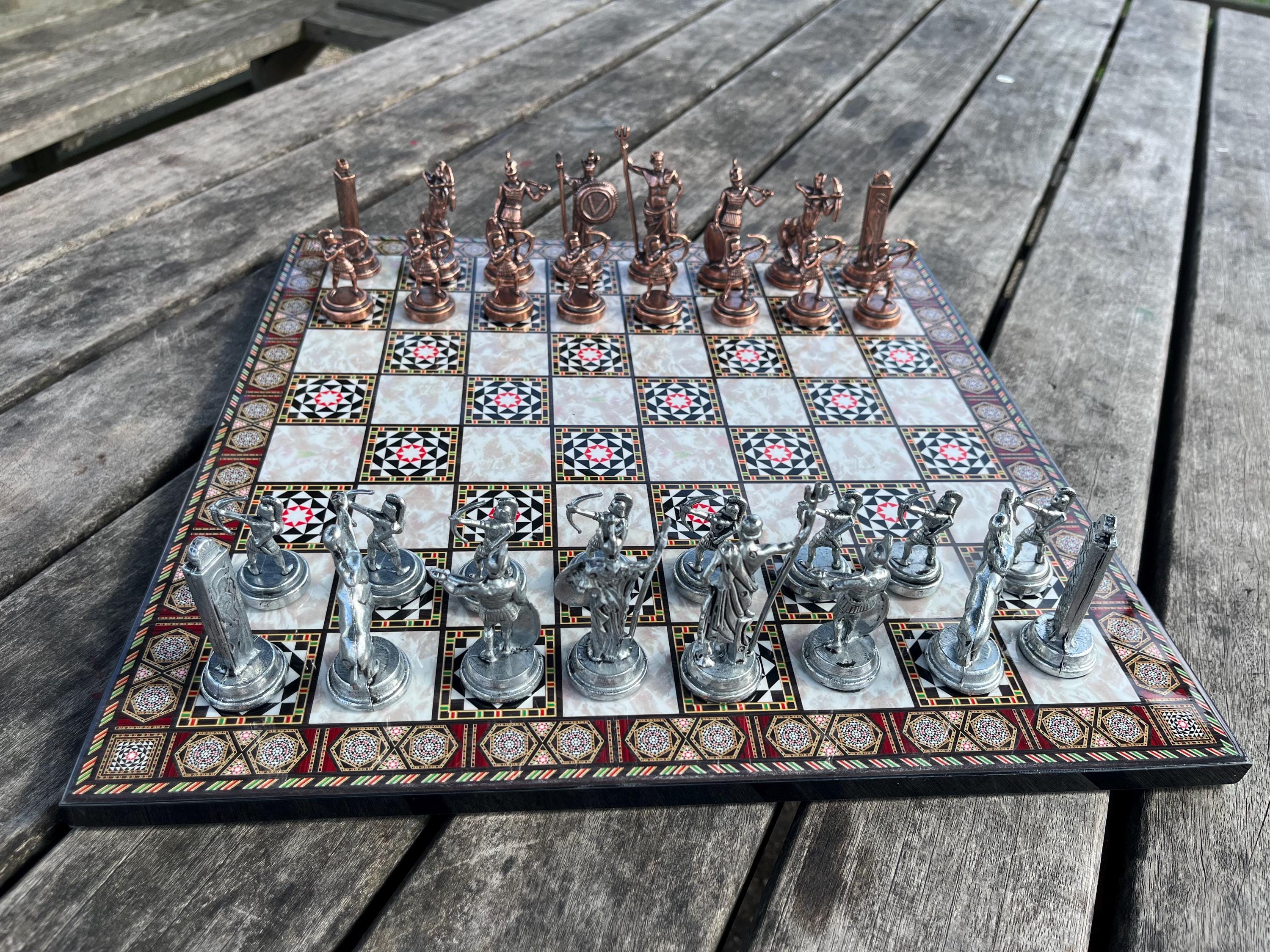 Greek Mythology Chess Set – Metal Figures on Mother-of-pearl Mosaic ...