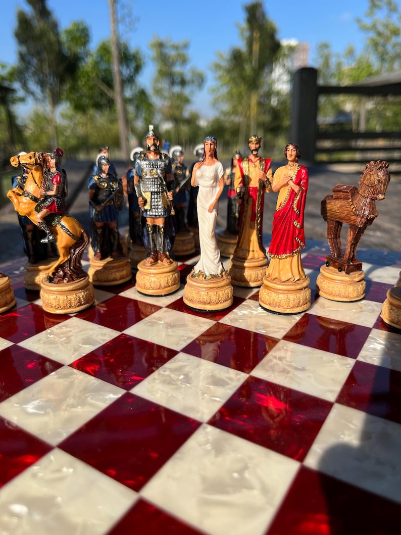 Luxury Troy Vs Spartans Chess Set – Handmade Wood Board & Painted ...