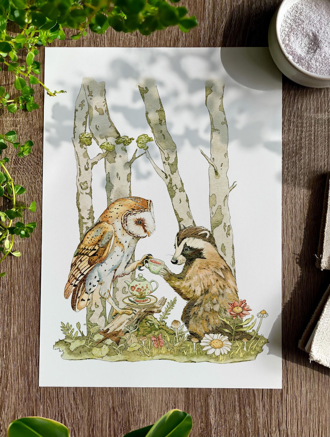 Whimsical Badger and Owl Tea Party Art Print - Etsy