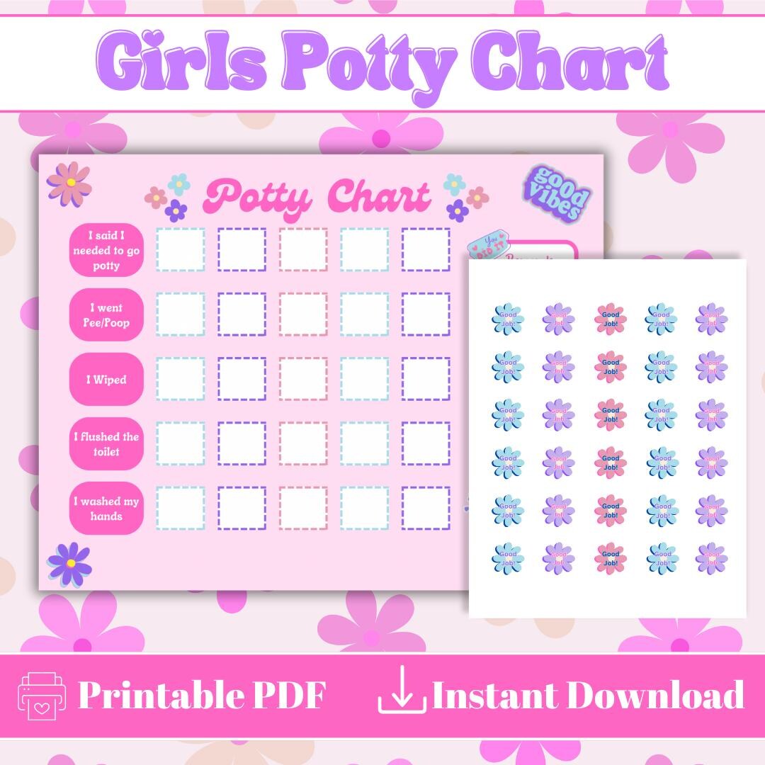 Printable Retro Girl Potty Chart, Girl's Potty-training Chart, Floral ...