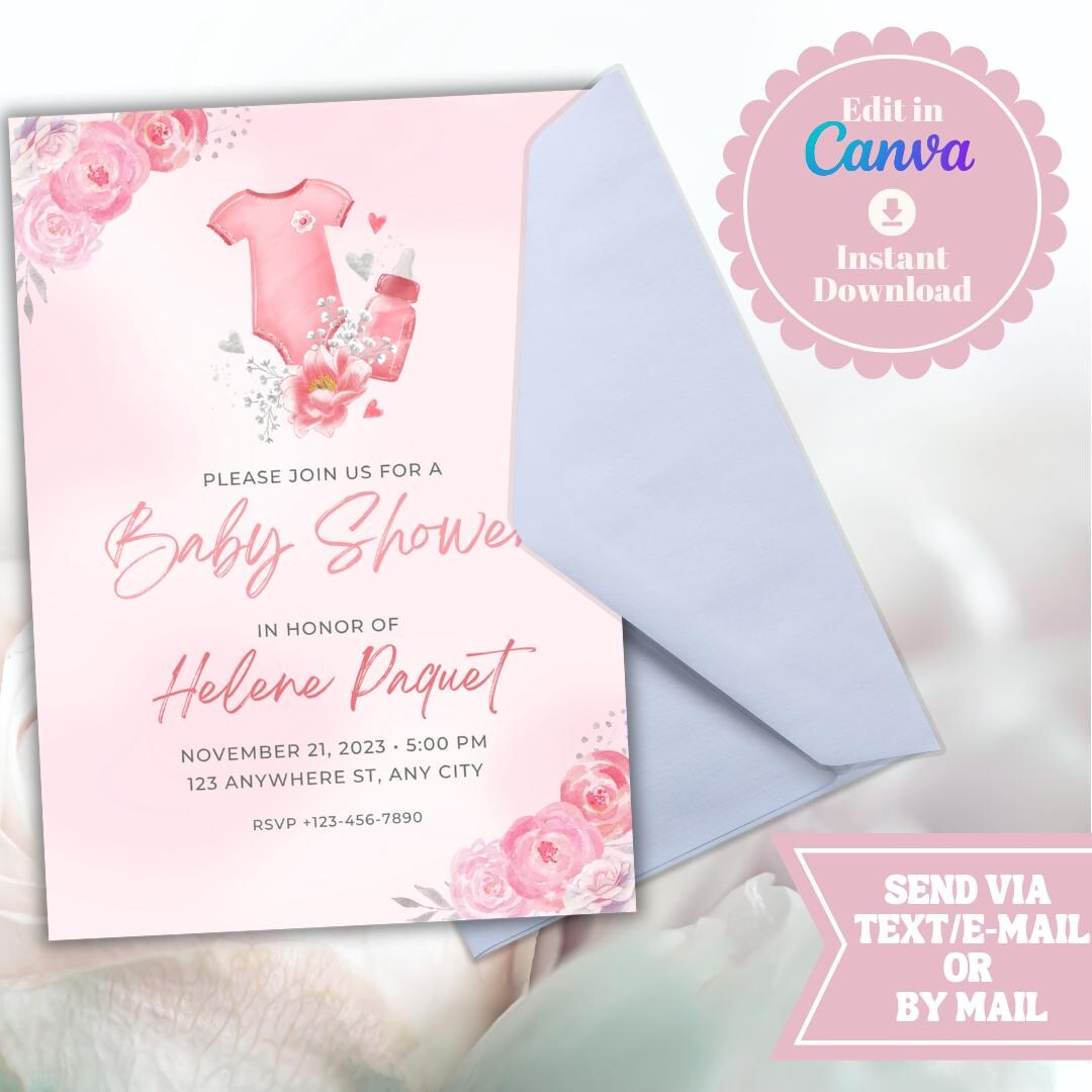 Sweet Rose Baby Shower Invitation, Editable Baby Girl Shower Invite ...
