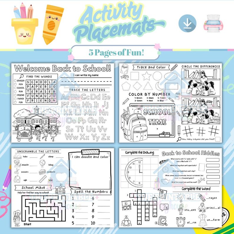 Back to School Activity Placemats – 5 Printable Pages for Kids ...