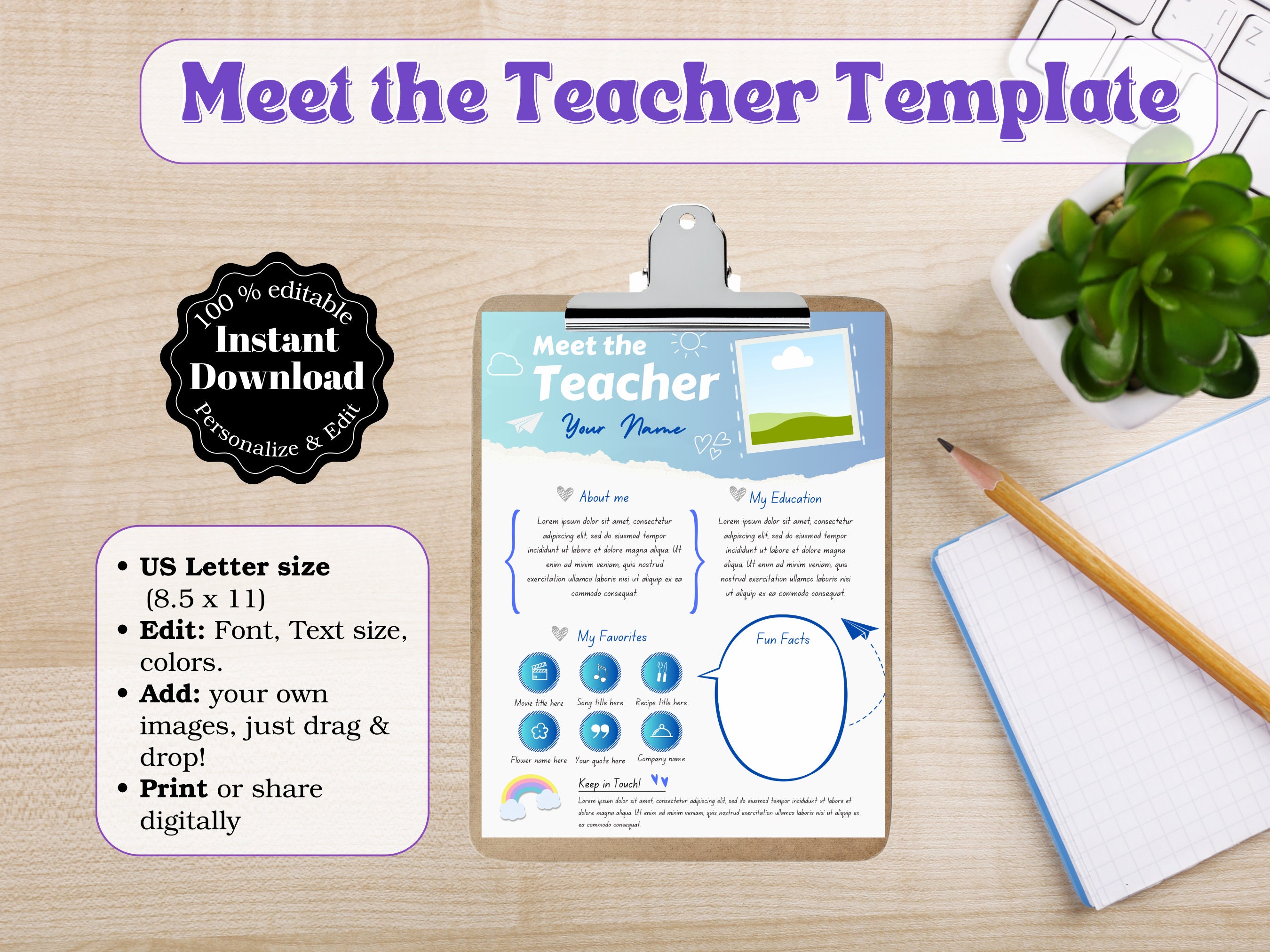 Editable Meet the Teacher Template, Fun Blue Themed Back to School ...