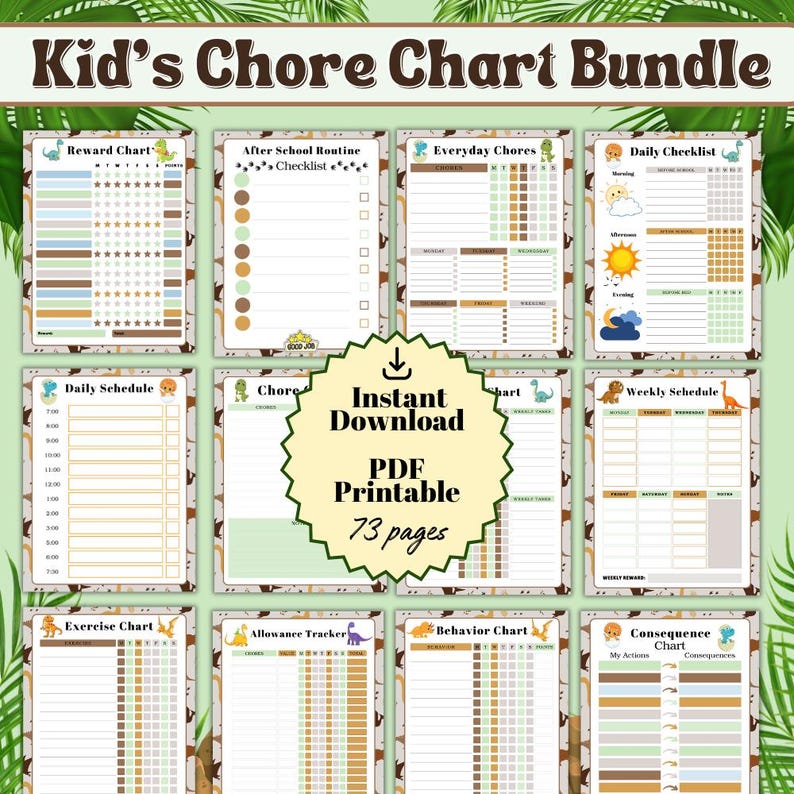 Chore Chart Bundle for Kids, Dinosaur Chore Chart, Kids Responsibility ...