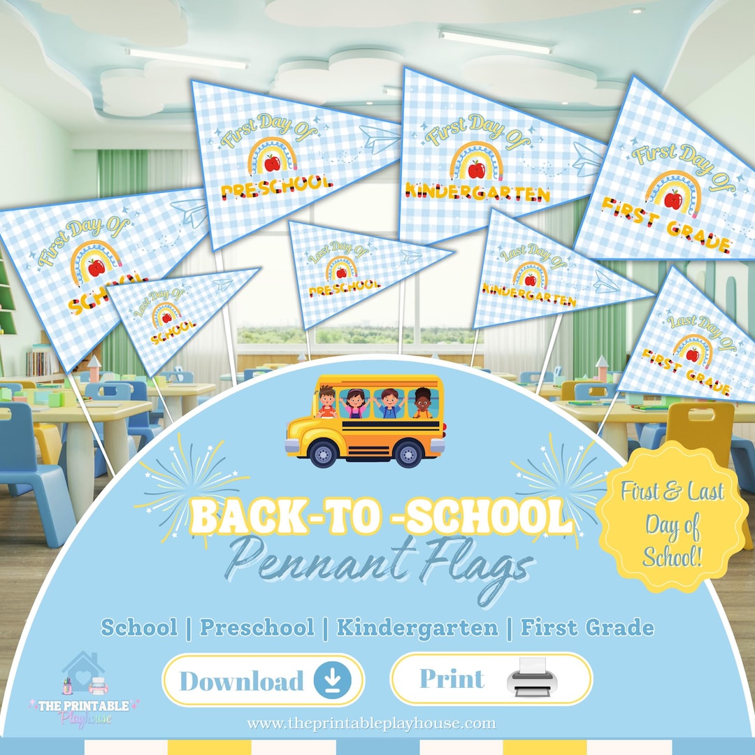 Printable Back to School Pennant Flags – Plaid Pastel Blue First & Last ...