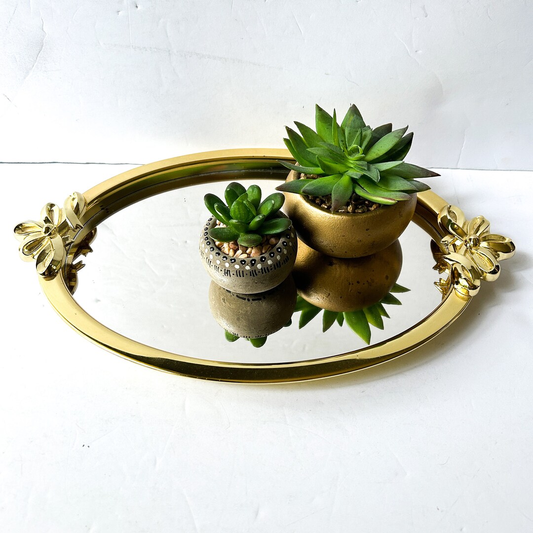 Vintage Mirror Vanity Tray With Gold / Brass Tone Bows, Hanging Wall ...