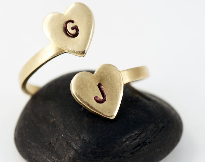 Personalized Initial Ring - Gold Two Heart Initial Statement Ring - Etsy