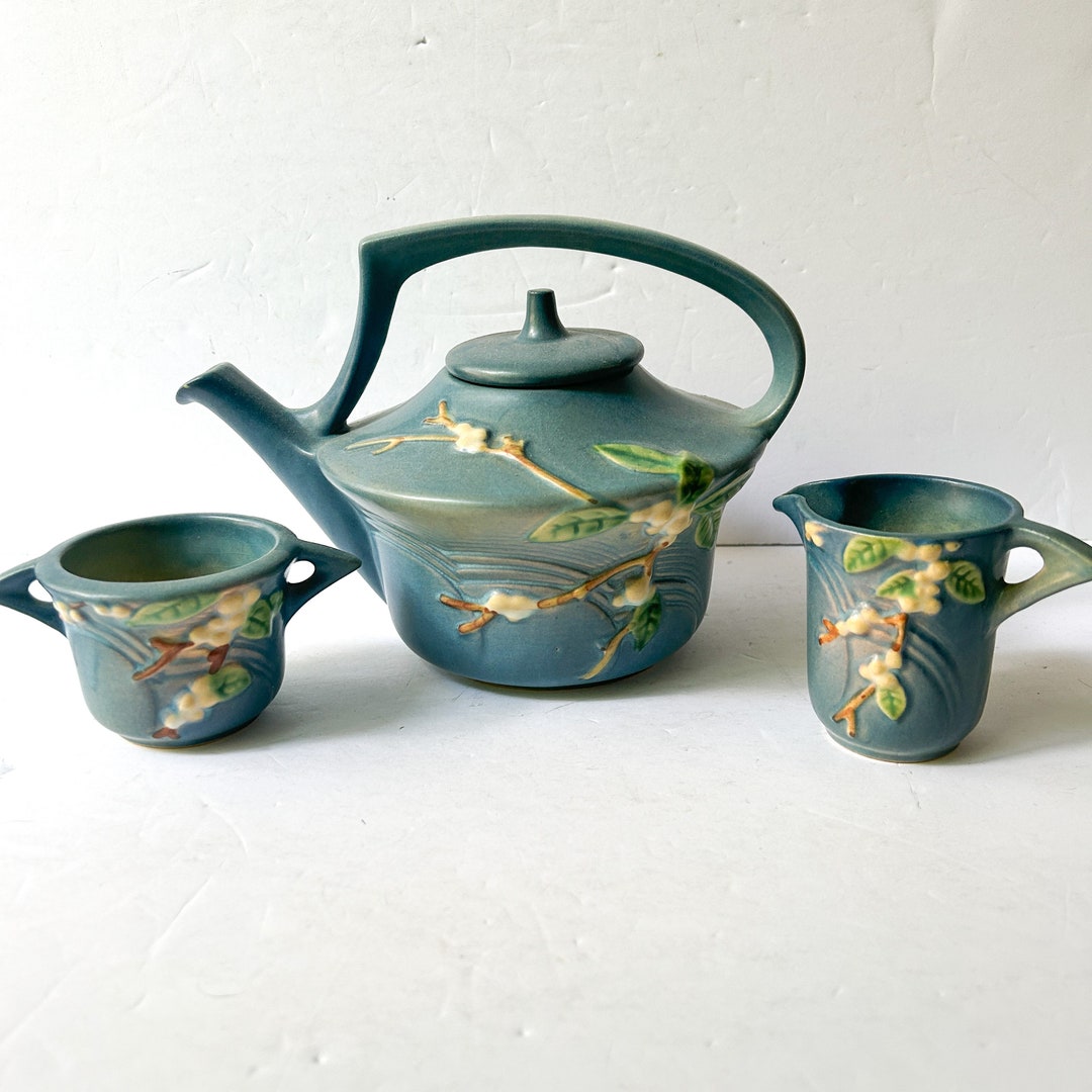 Roseville Pottery Snowberry Tea Set, Persian Blue, Midcentury Ceramics ...
