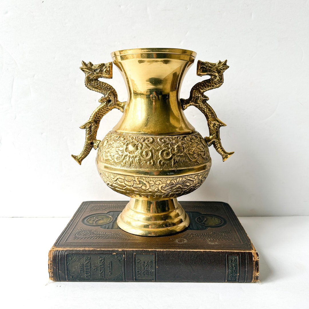 Vintage Brass Dragon Handle Vase, Asian Decor - Etsy