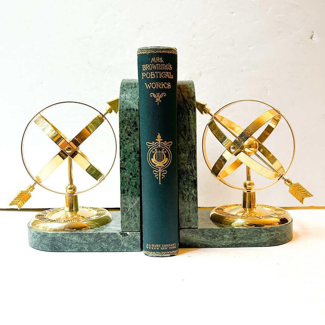 Vintage Brass and Green Marble Armillary Sphere Bookends - Etsy