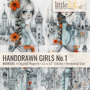 20 Unique Handdrawn Girls Digital Pages (9x12") Incl. BONUS, Printable ...