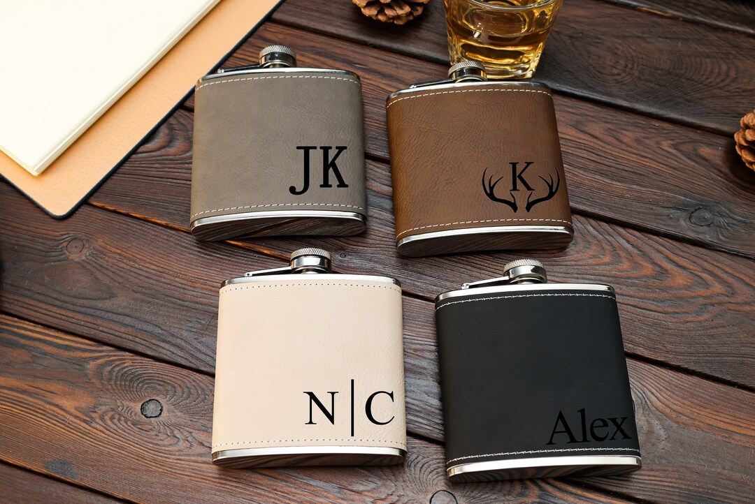 Engraved Leather Flask, Custom 6oz Stainless Steel, Personalized ...