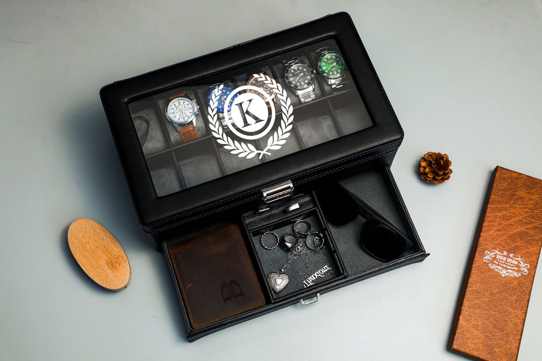 Personalized 12 Slot Leather Watch Box With Drawer for Rings and ...