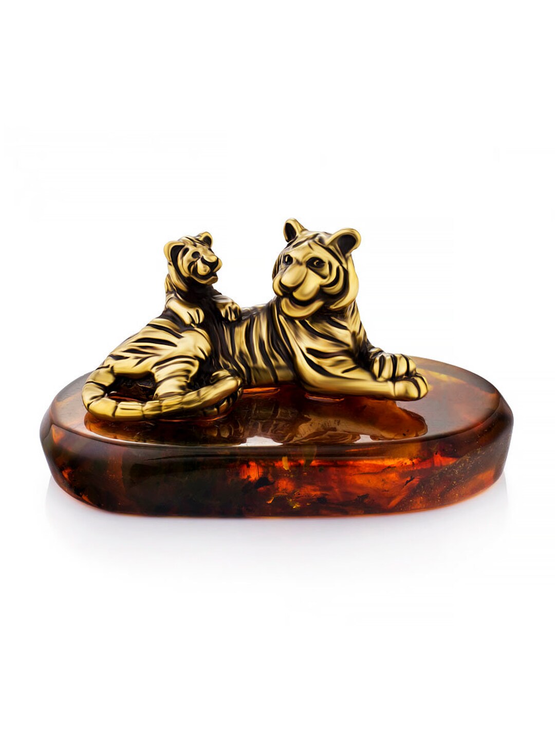 Souvenir Figurine With Natural Baltic Amber Tigress and Tiger Cub ...