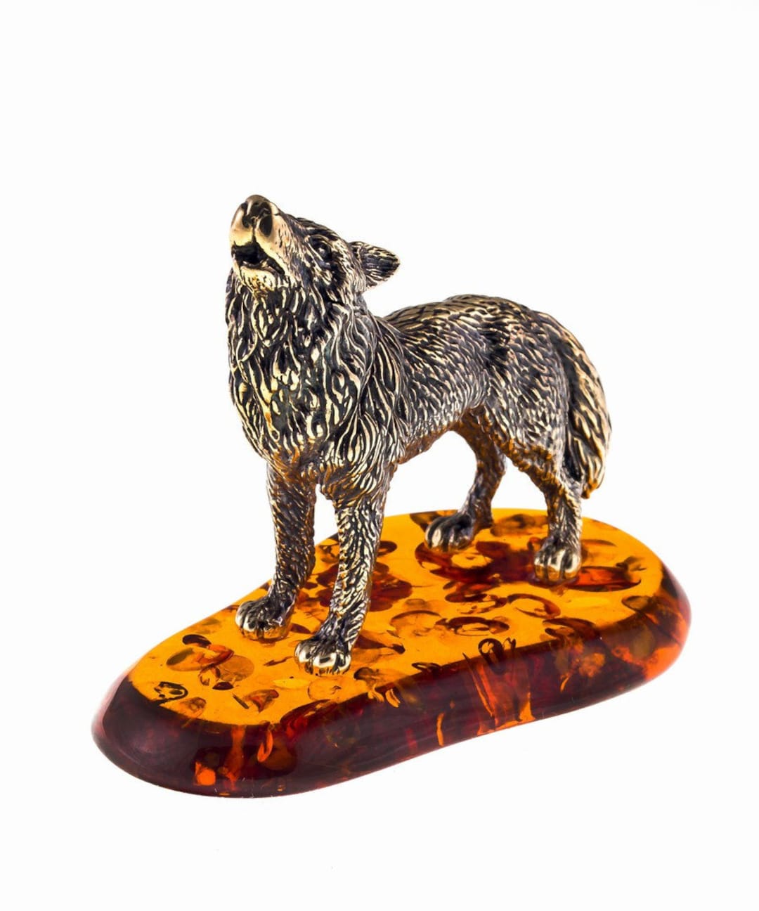 Howling Wolf Figurine,brass Wolf Figurine on Amber Stone, Wolf Howling ...