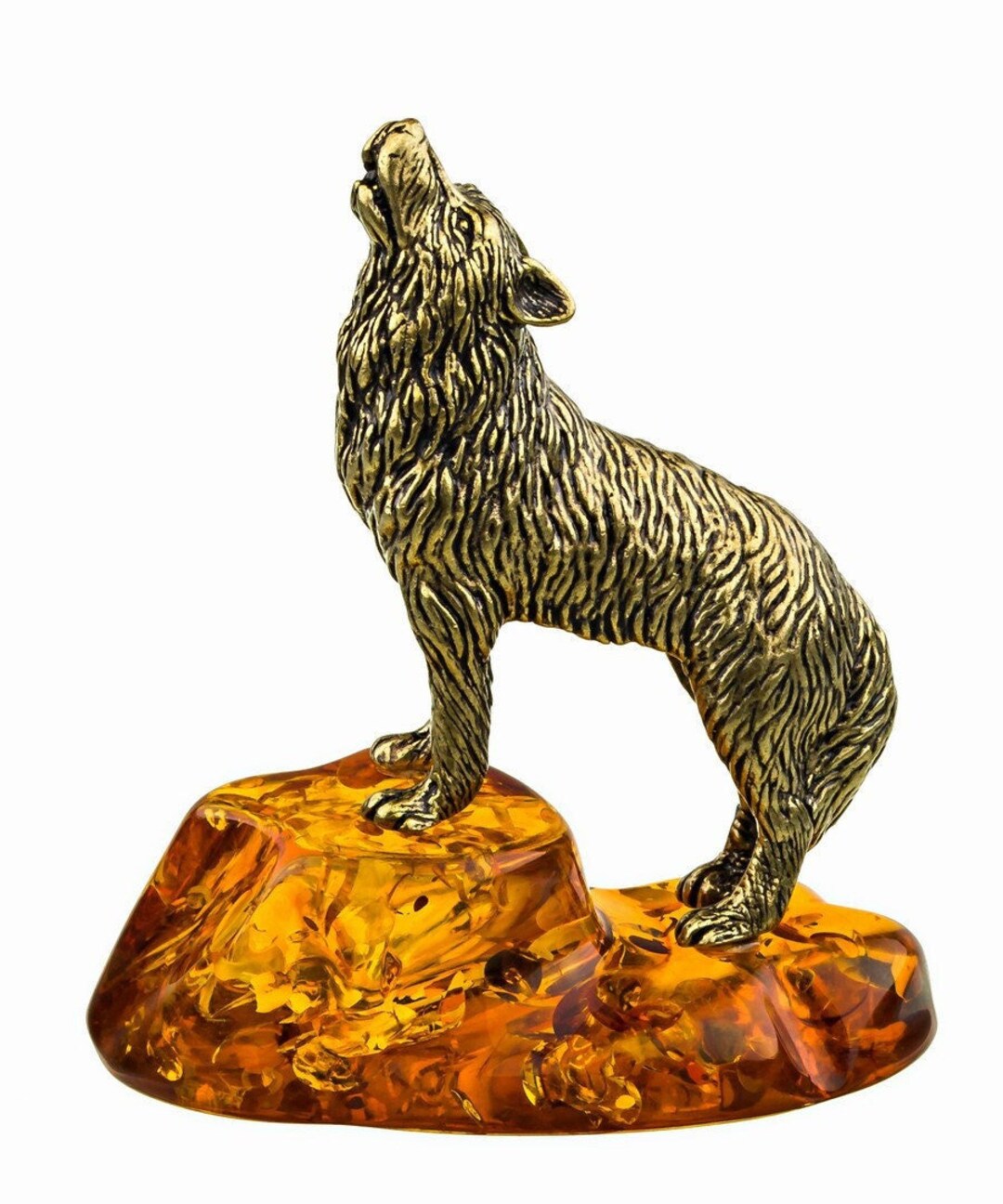 Amber Wolf Figurine,brass Wolf Figurine on Amber Stone, Wolf Howling at ...