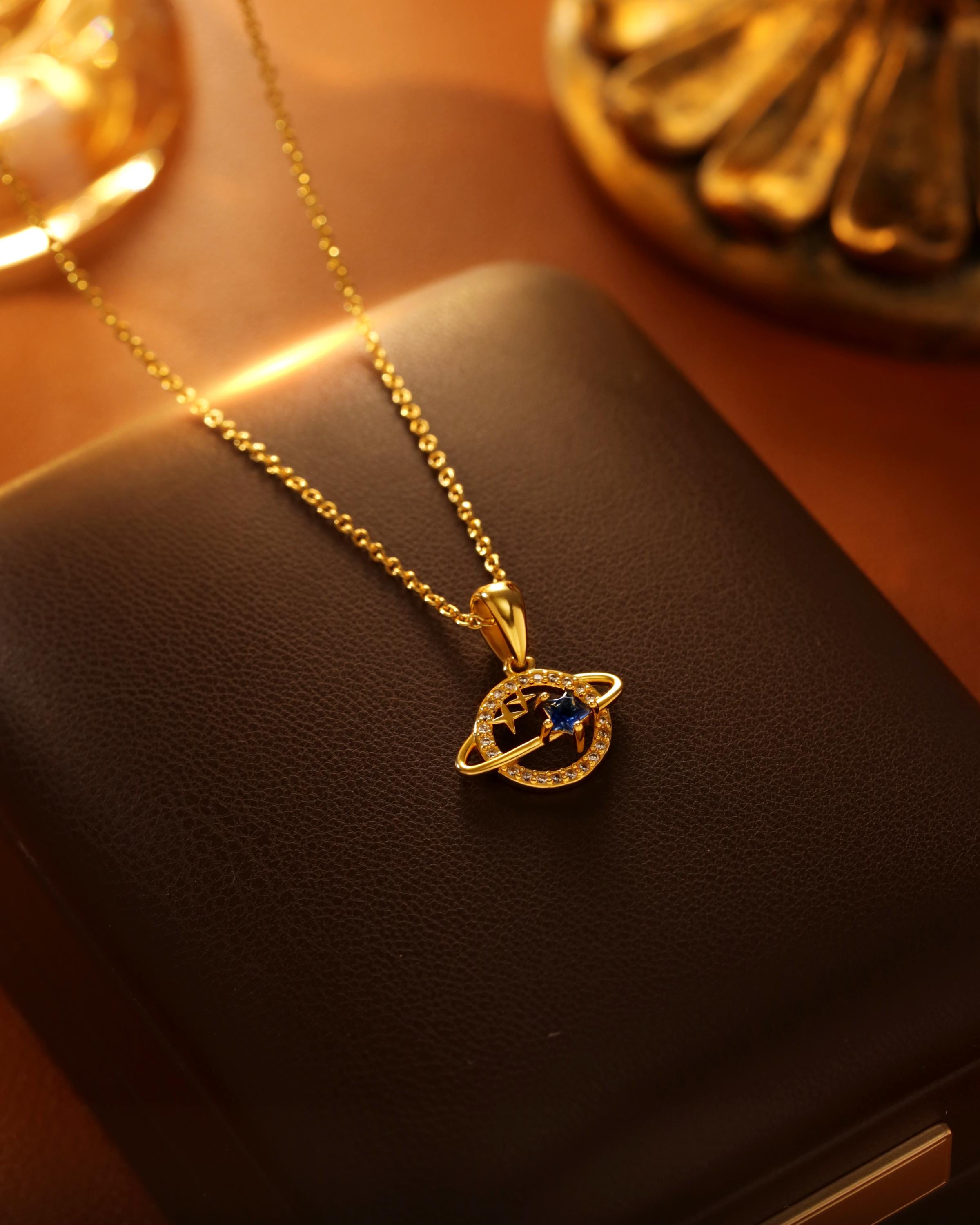 18K Gold Plated Sapphire Saturn Necklace: Astronomy Jewelry - Etsy