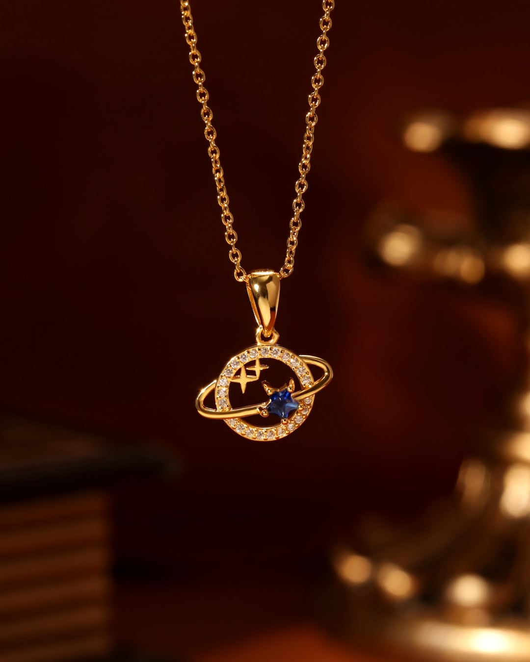 18K Gold Plated Sapphire Saturn Necklace: Astronomy Jewelry - Etsy