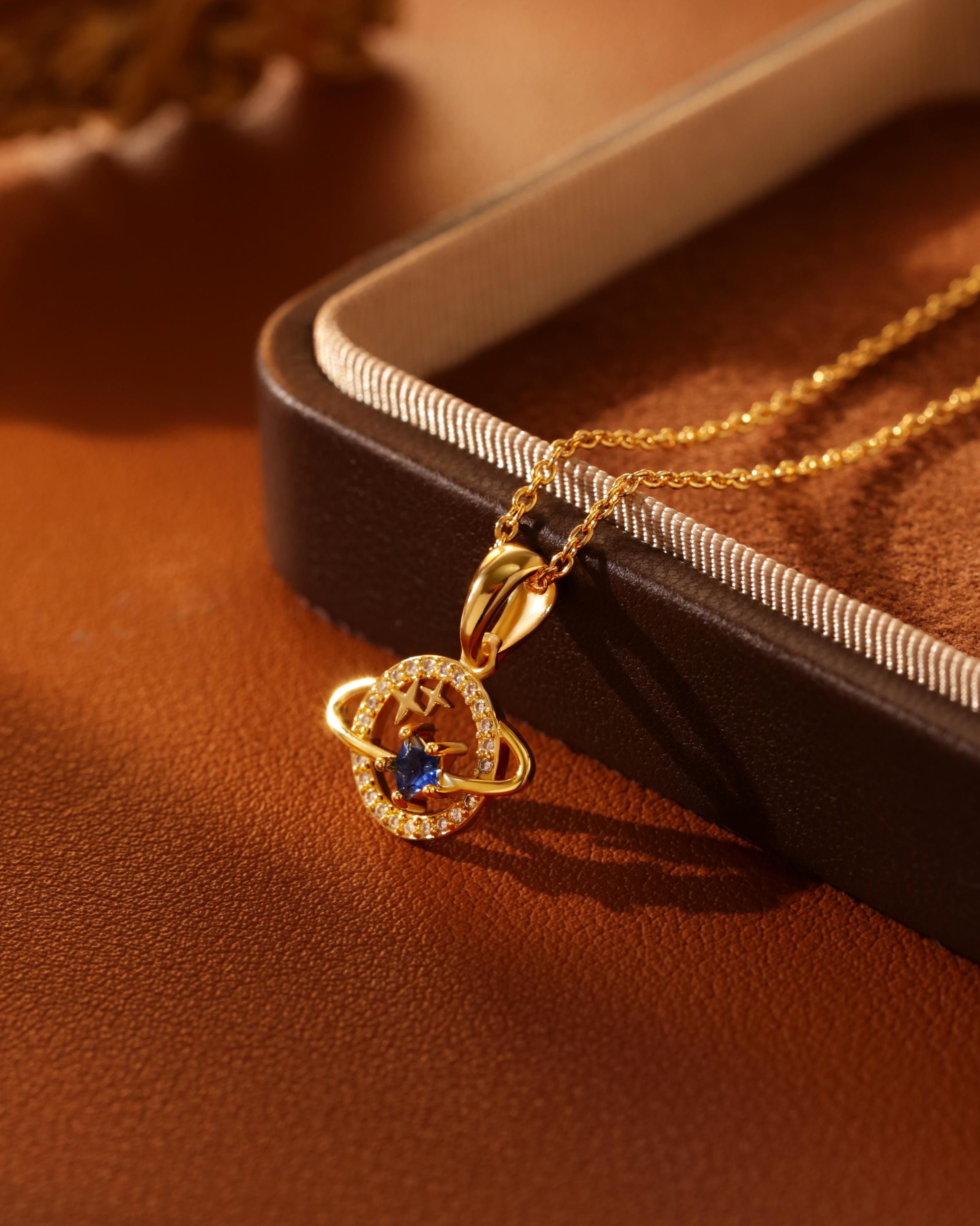 18K Gold Plated Sapphire Saturn Necklace: Astronomy Jewelry - Etsy