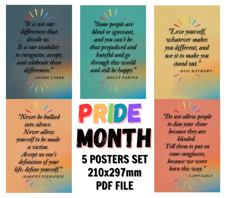 Pride Month 5 Poster Set LGBT Quotes Bulletin Board Display Printable ...