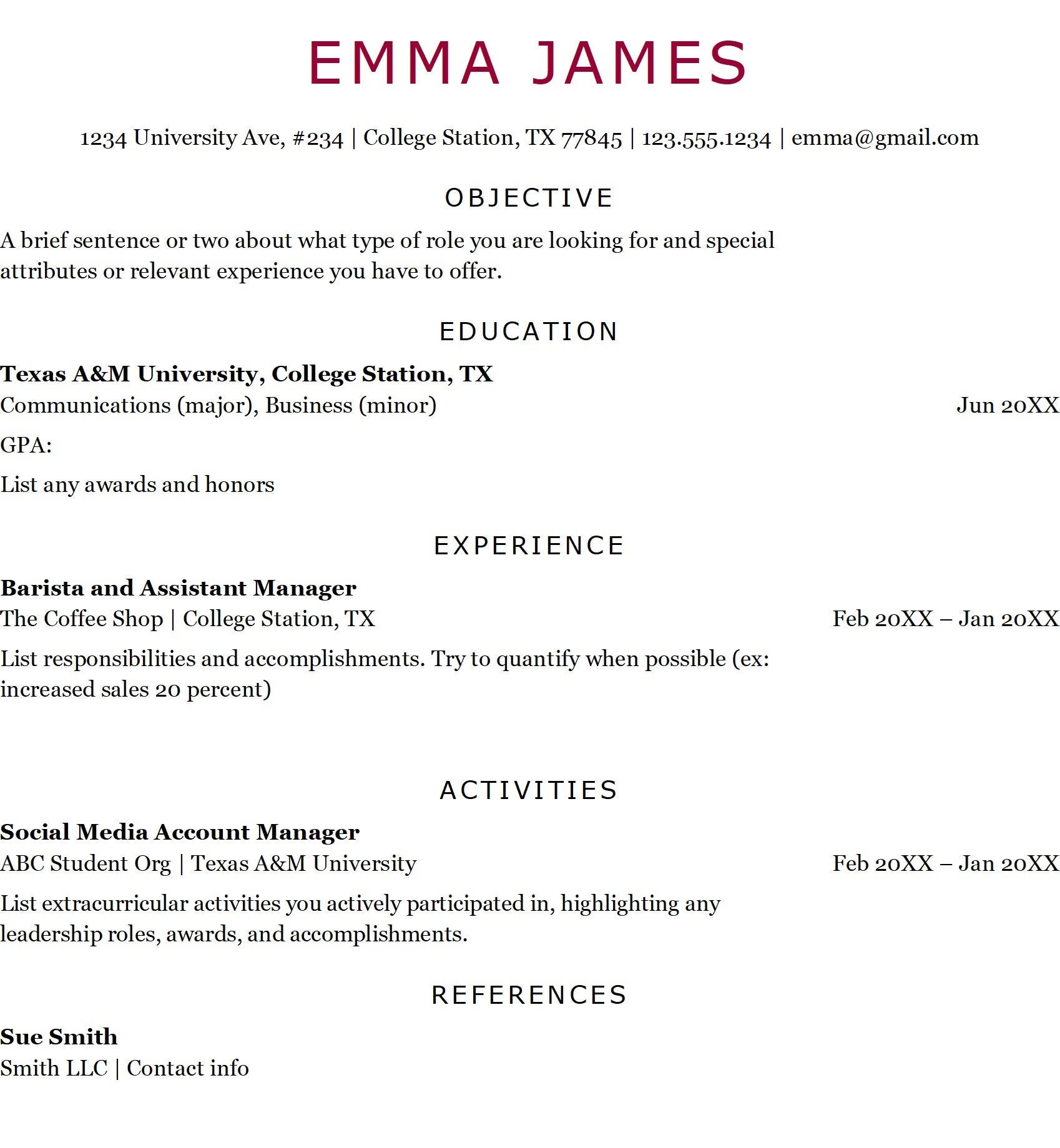 Recent College Graduate Resume, Texas A&M, ATS, Word Template - Etsy