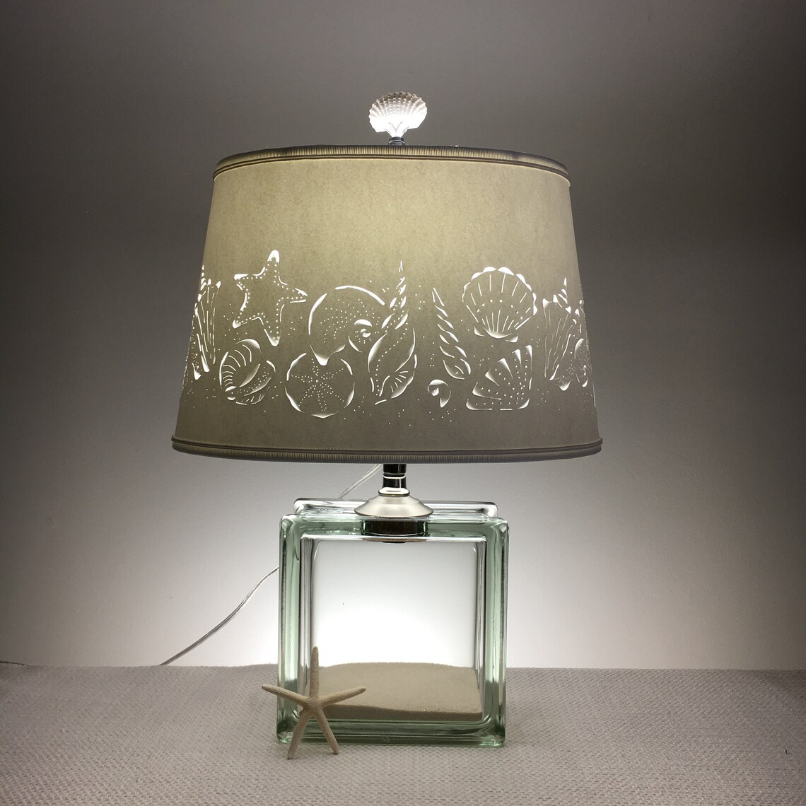 Glass Block Lamp With Hand Cut Seashell Lampshade Fillable | Etsy