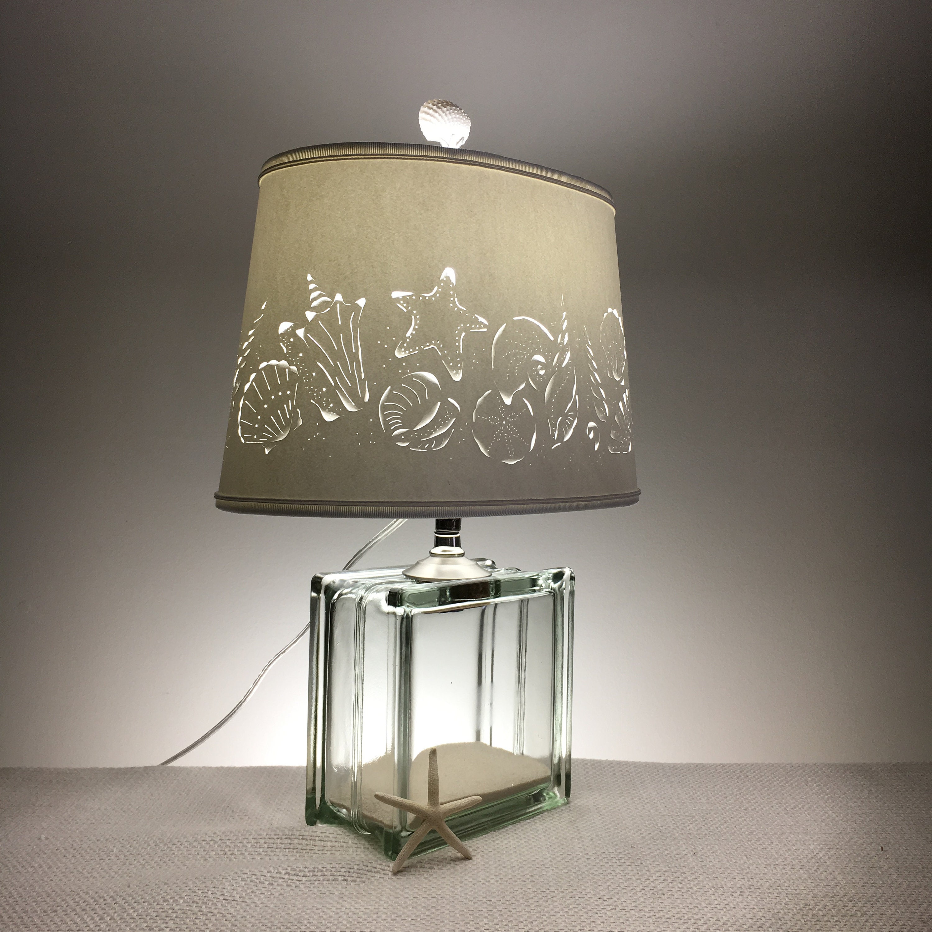 Glass Block Lamp With Hand Cut Seashell Lampshade Fillable | Etsy