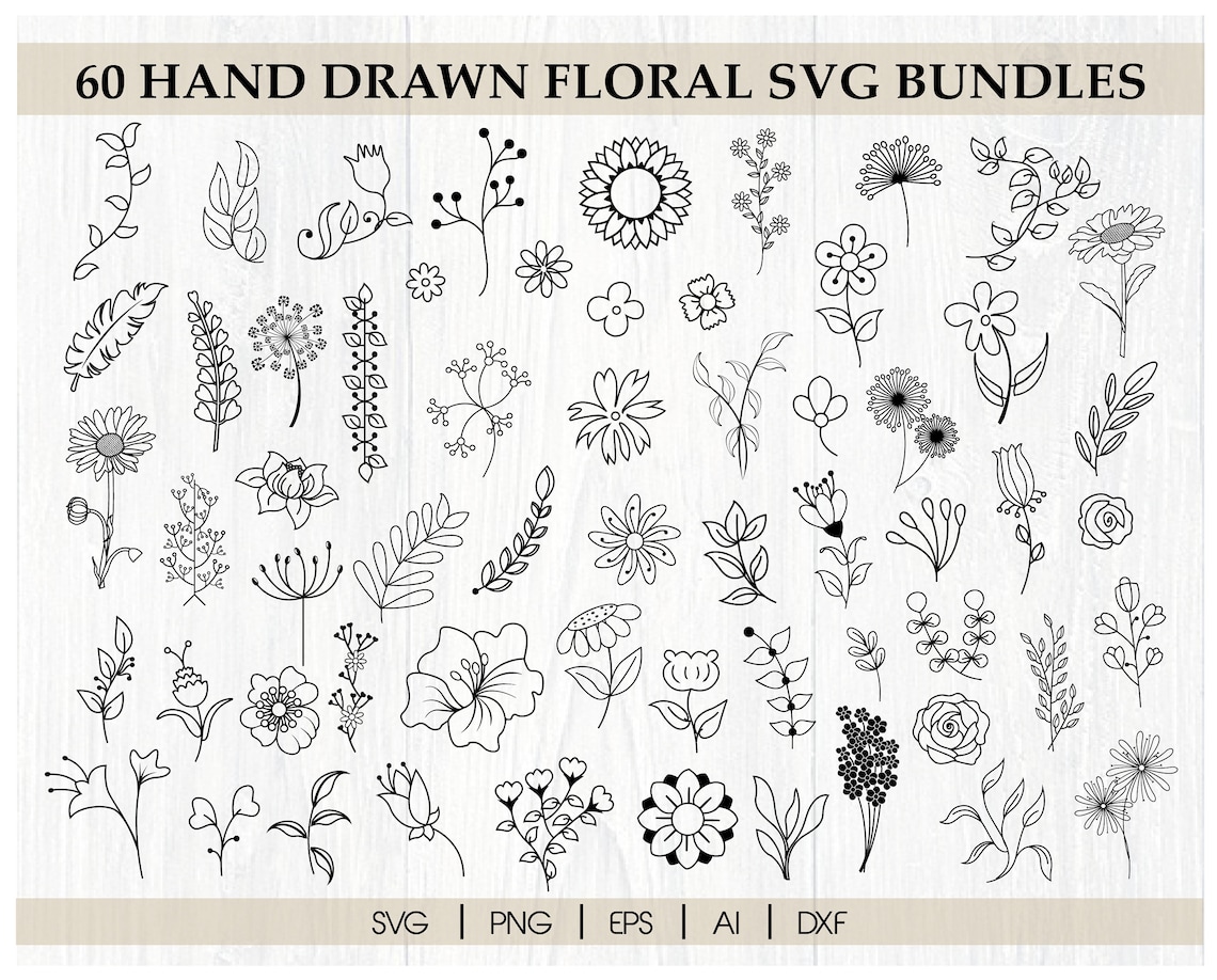 60 Hand Drawn Floral Svg Bundle, Png Files - Etsy