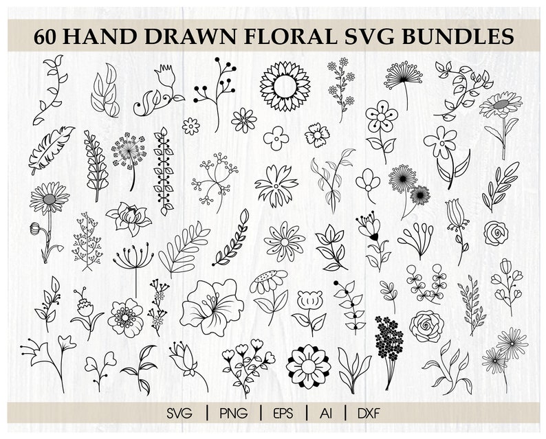 60 Hand Drawn Floral Svg Bundle, Png Files - Etsy
