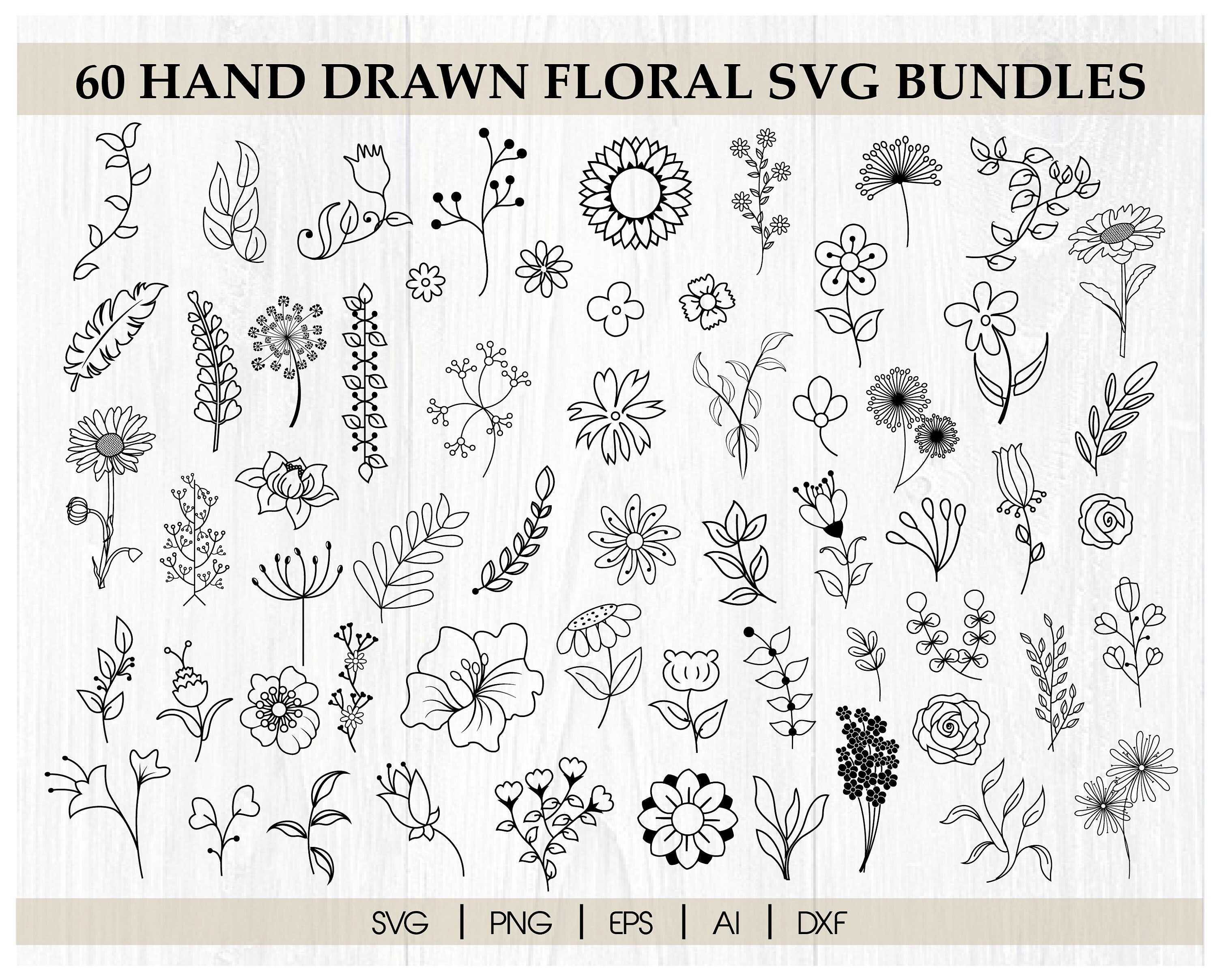60 Hand Drawn Floral Svg Bundle, Png Files - Etsy