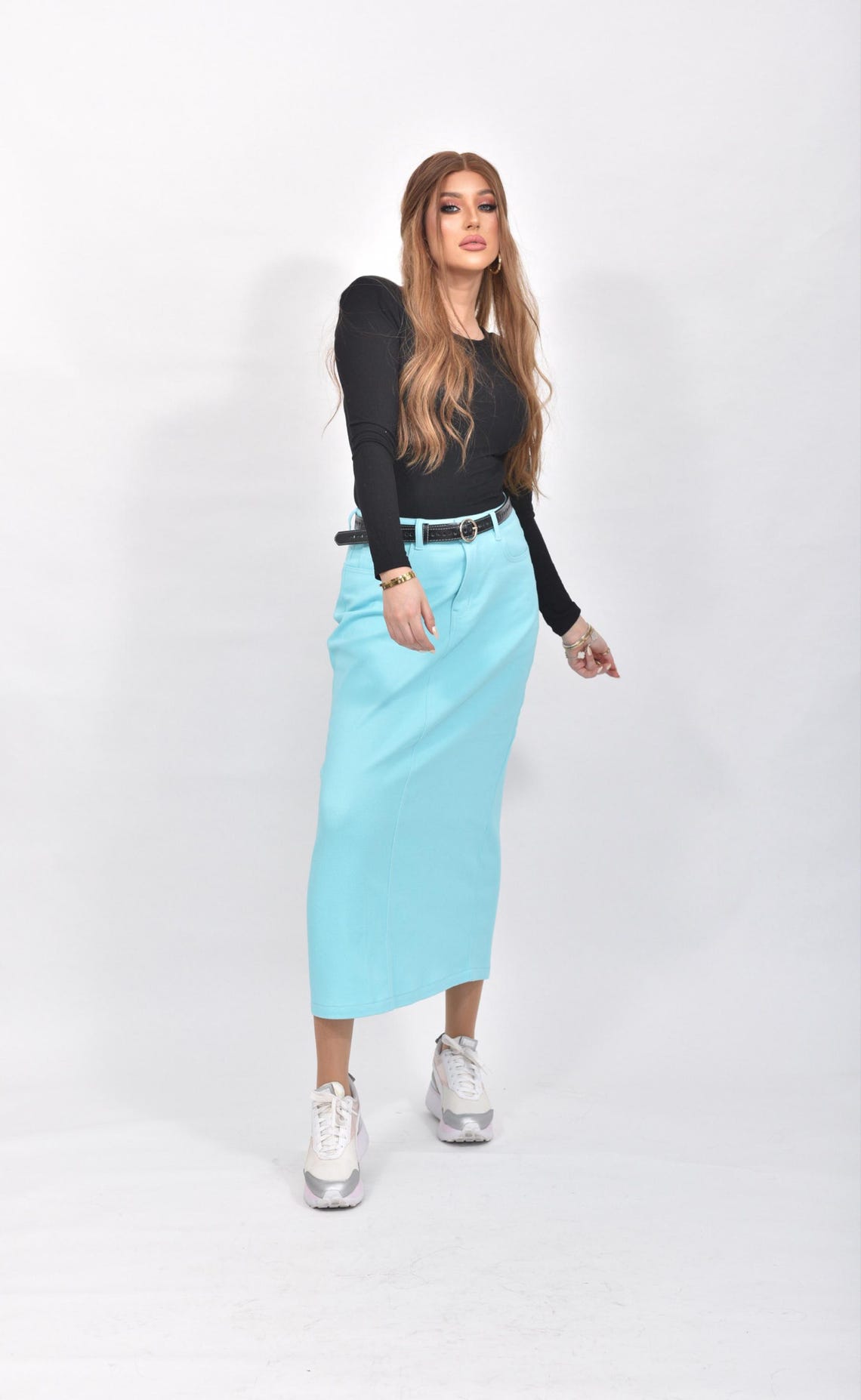 Stylish Light Blue Basic Denim Skirt, Long Maxi Denim Skirt ...