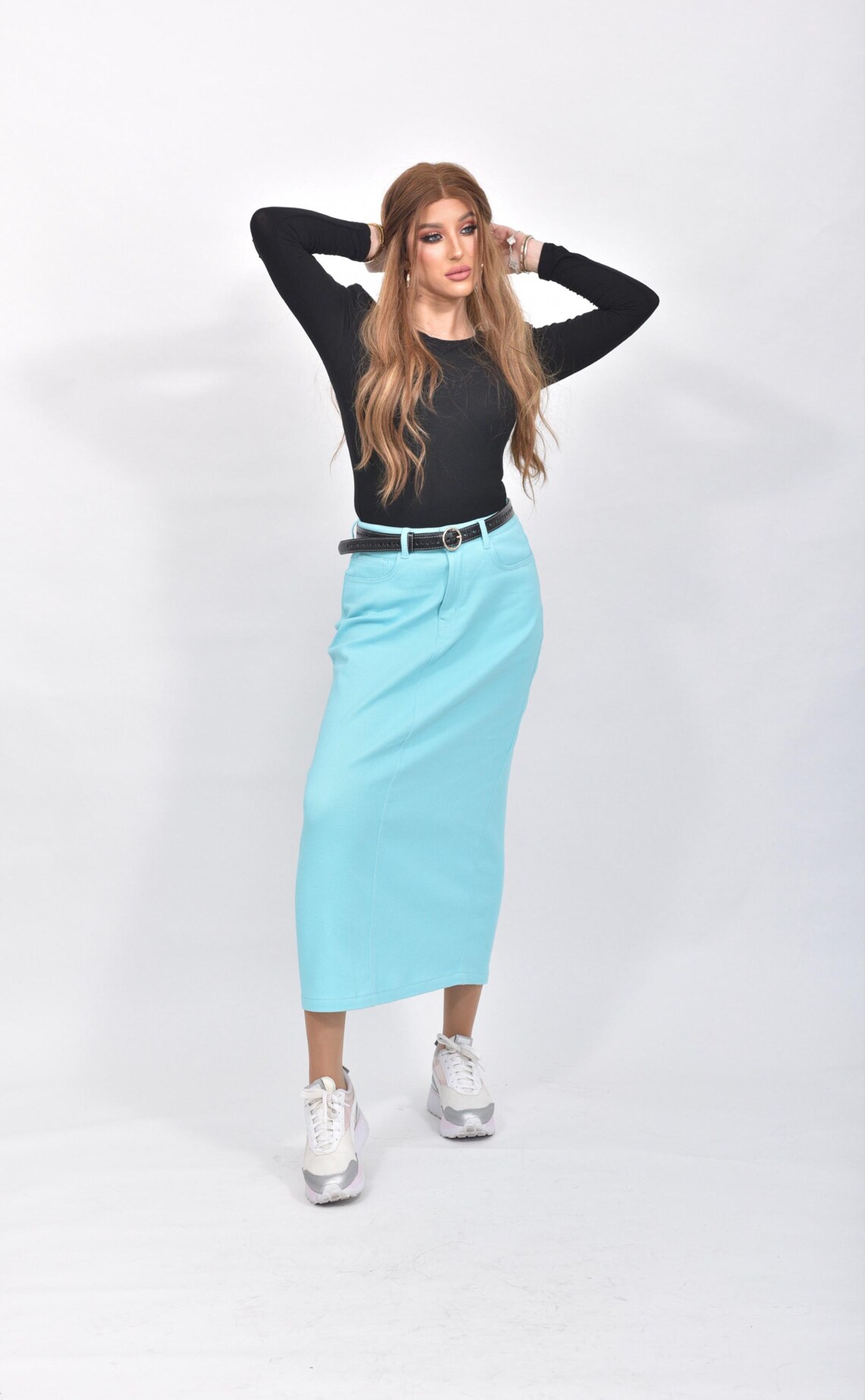 Stylish Light Blue Basic Denim Skirt, Long Maxi Denim Skirt ...