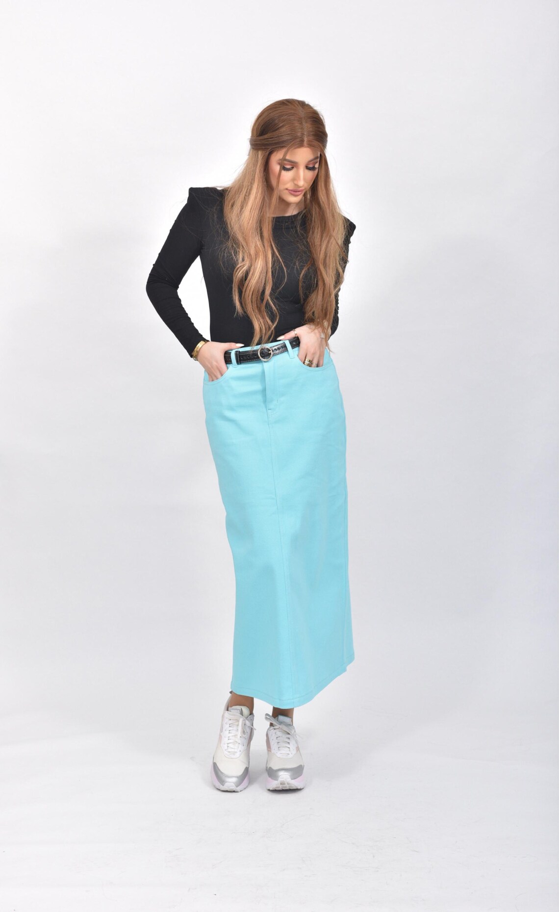 Stylish Light Blue Basic Denim Skirt, Long Maxi Denim Skirt ...