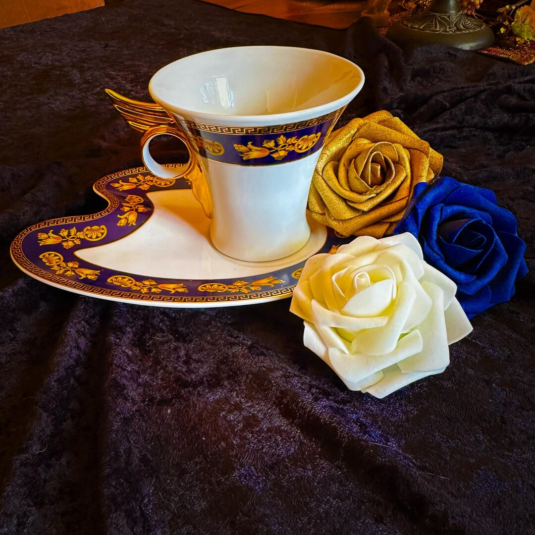 Winged Navy/gold Tea Cup With Saucer - Etsy